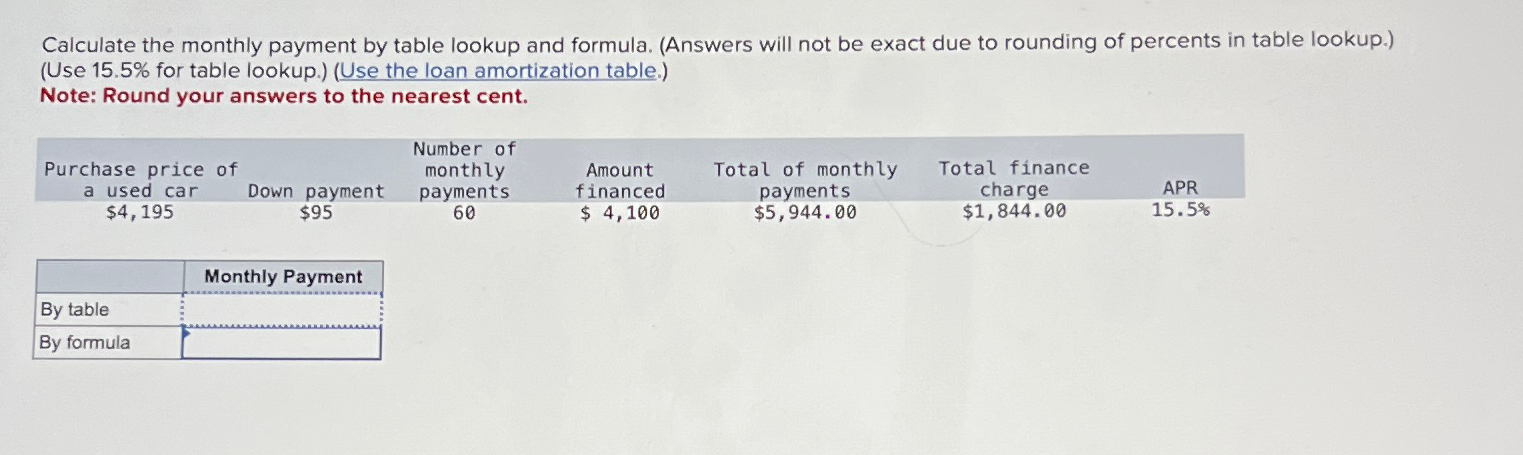Solved Calculate the monthly payment by table lookup and | Chegg.com