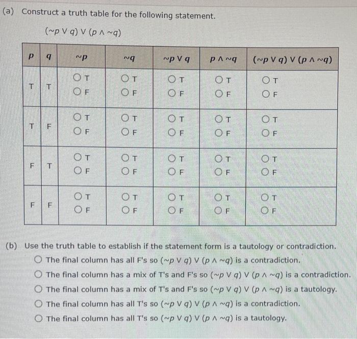 Solved Construct a truth table for the following statement. | Chegg.com