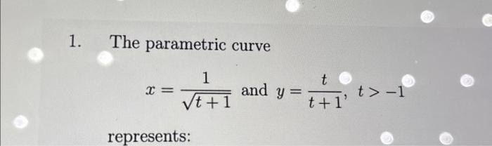 Solved 1. The parametric curve X = 1 √t+1 represents: and y= | Chegg.com