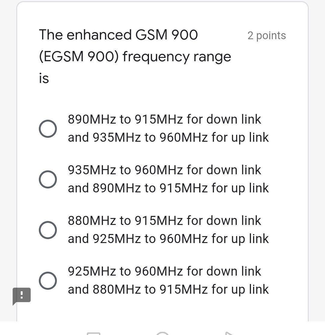 Solved 2 points The enhanced GSM 900 (EGSM 900) frequency | Chegg.com