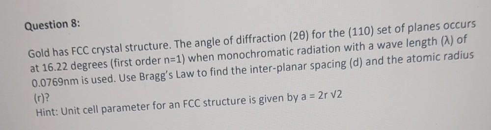 Solved Question 8: Gold has FCC crystal structure. The angle | Chegg.com