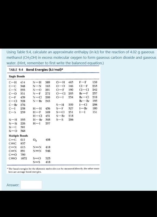 Solved Using Table 9.4, calculate an approximate enthalpy | Chegg.com