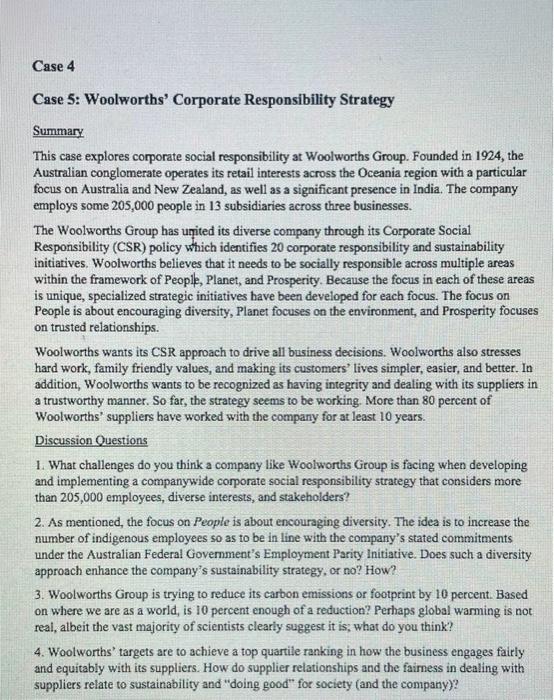 Solved Case 4 Case 5: Woolworths' Corporate Responsibility | Chegg.com