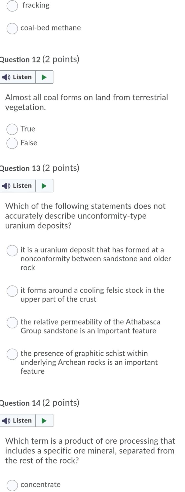 Solved fracking coal-bed methane Question 12 (2 points) ) | Chegg.com