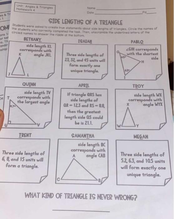 Solved Unit: Angles & Triangles Homework 4 Name Date Pd es & | Chegg.com