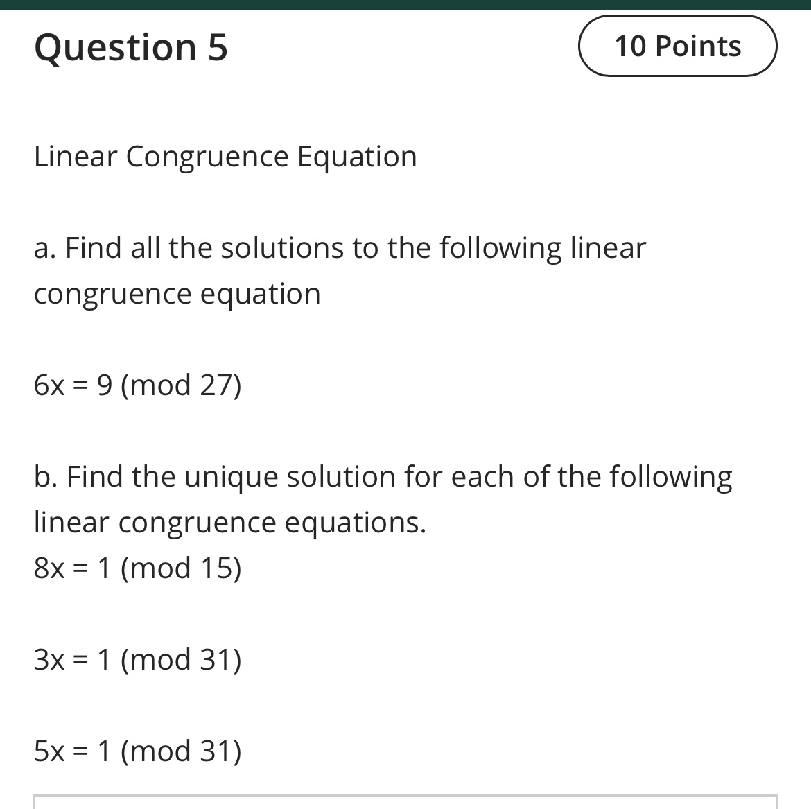 Solved Question 5Linear Congruence Equationa. ﻿Find all the | Chegg.com