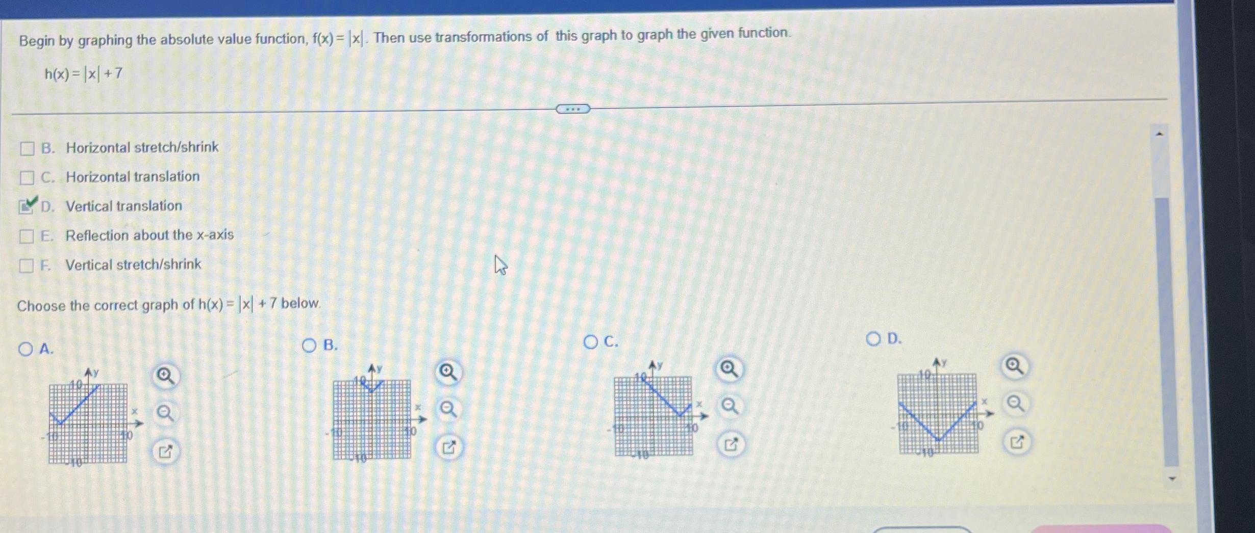 Solved Begin by graphing the absolute value function, | Chegg.com