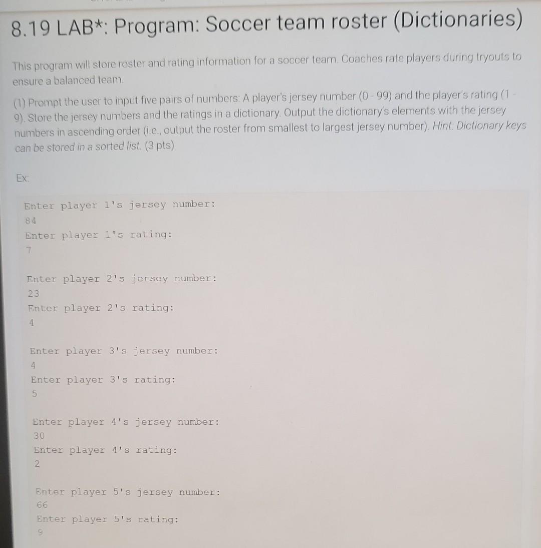 Solved 8 19 Lab Program Soccer Team Roster Dictionaries