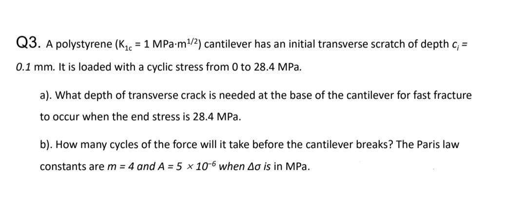 Solved Q3. A polystyrene (K12 = 1 MPa.m1/2) cantilever has | Chegg.com
