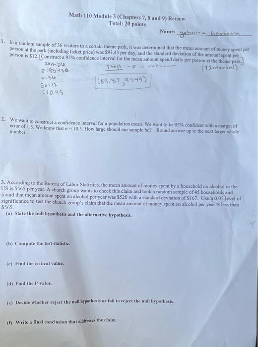 Solved Math 110 Module 3 (Chapters 7, 8 and 9) Review Total: | Chegg.com