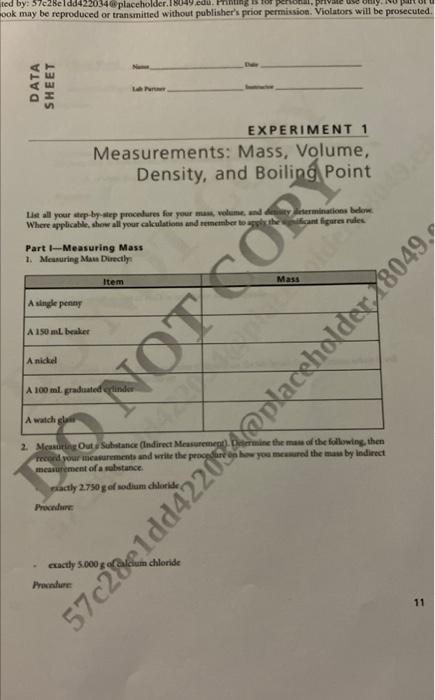 EXPERIMENT 1 Measurements: Mass, Volume, Density, and | Chegg.com