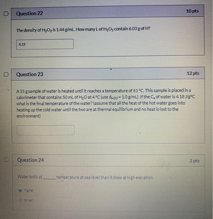 Solved Question 22 10 pts The density of H2O2 is 144 g/mL. | Chegg.com