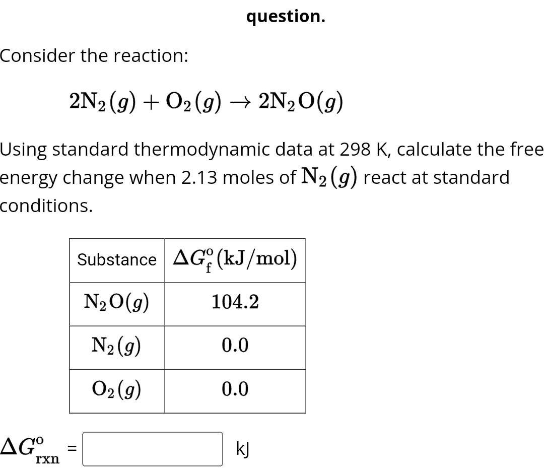 Solved Consider the reaction: 2 N2(g)+O2(g)→2 N2O(g) Using | Chegg.com