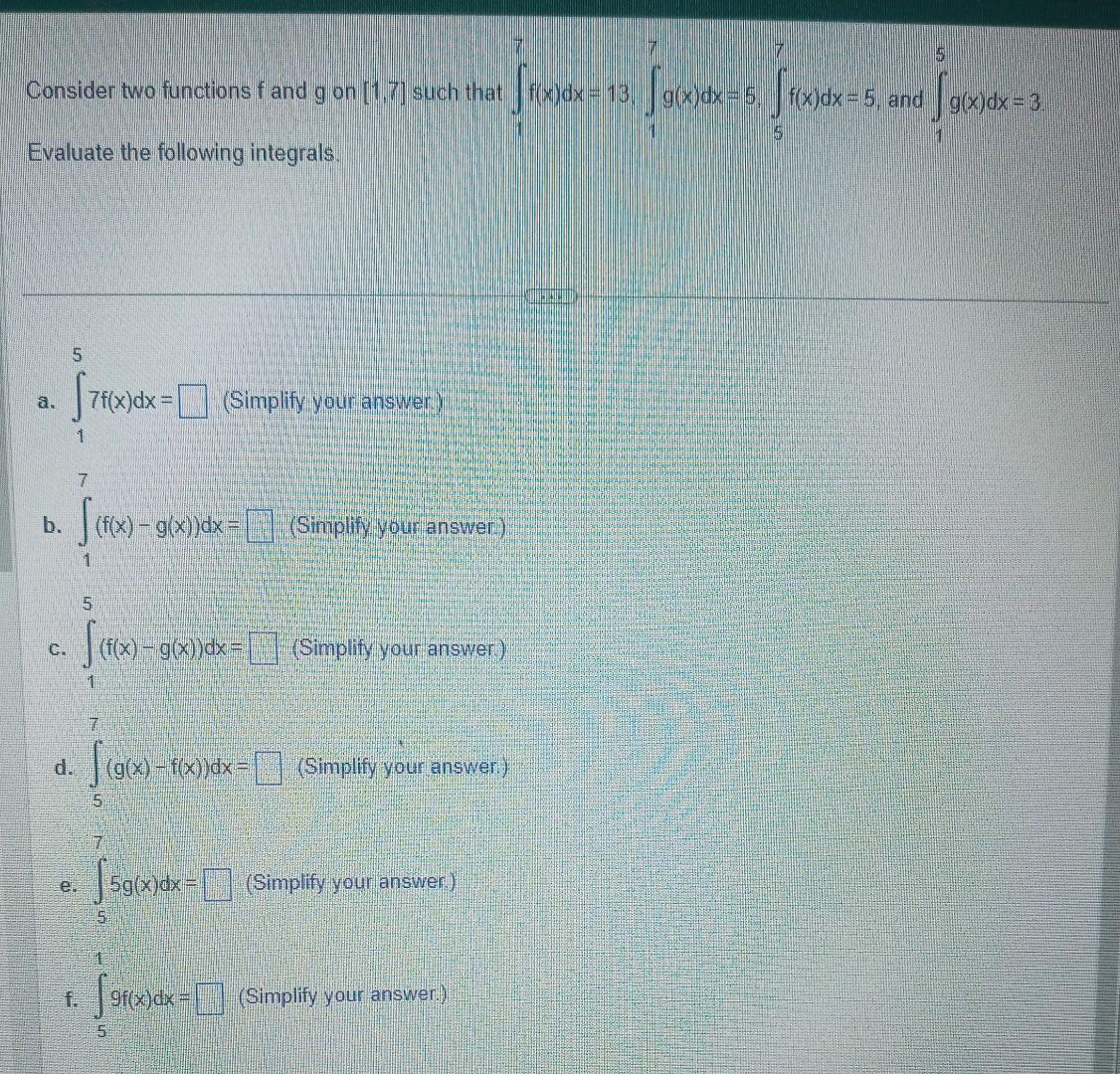 Solved Consider two functions f and g on [1,7] such that | Chegg.com