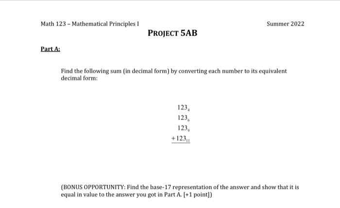Solved Math 123 - Mathematical Principles I Summer 2022 | Chegg.com