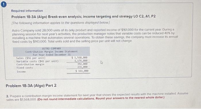 Solved Required information Problem 18-3A (Algo) Break-even | Chegg.com