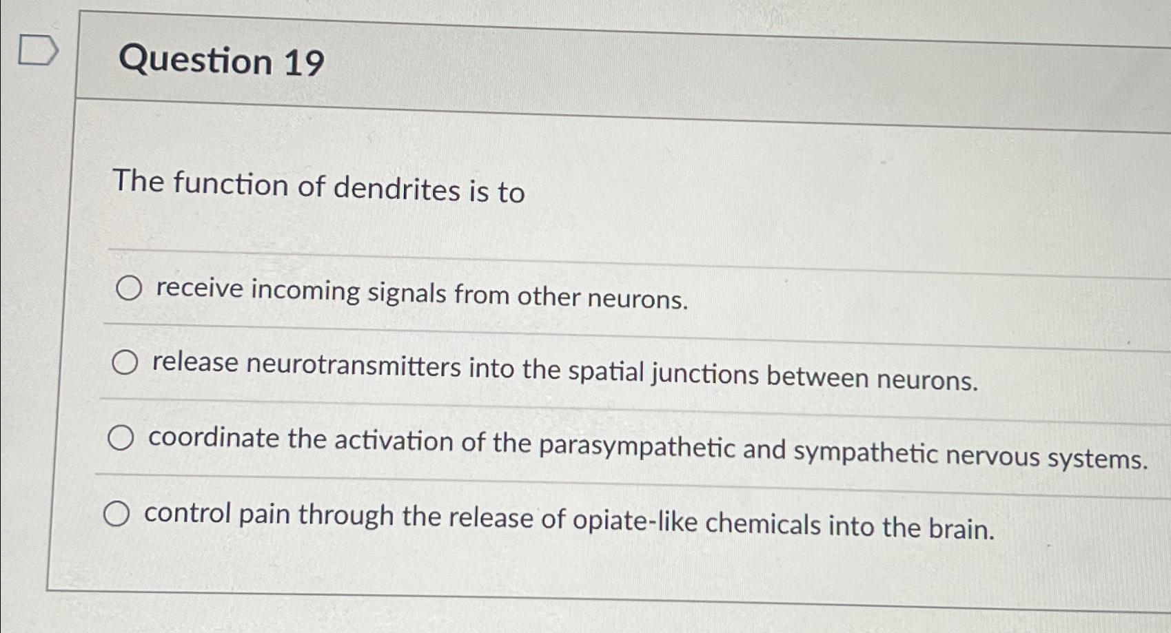 Solved Question 19the Function Of Dendrites Is Toreceive