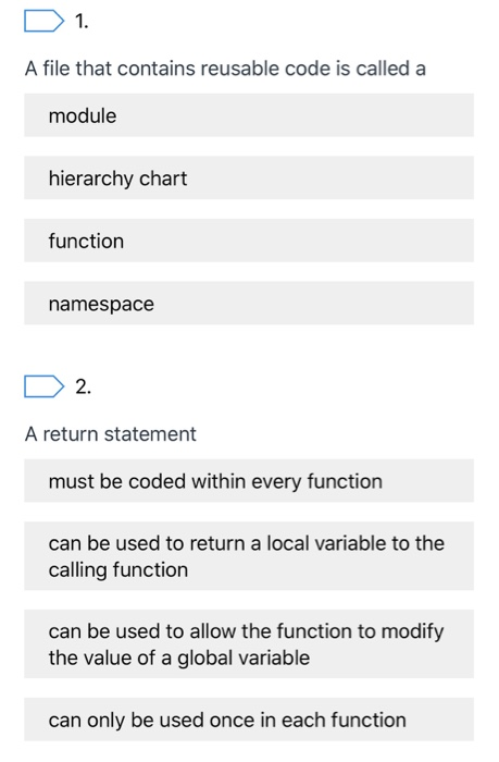 Solved D 1. A file that contains reusable code is called a | Chegg.com