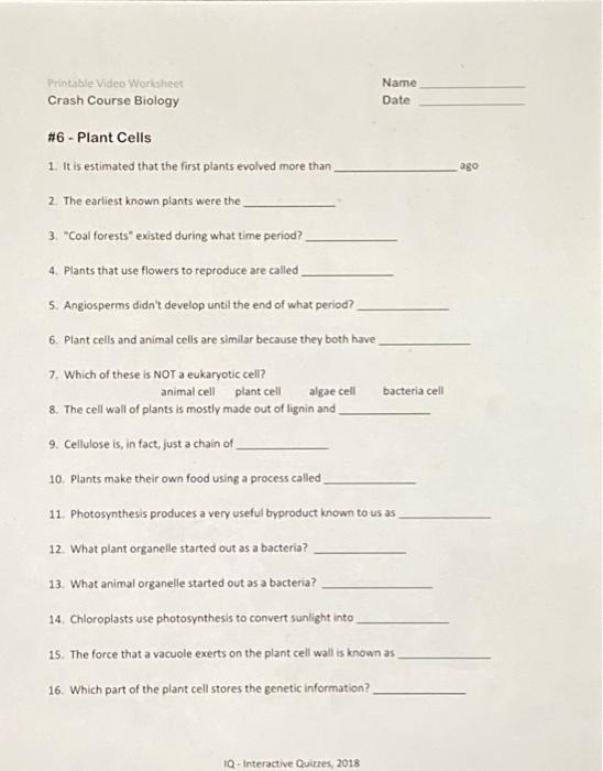 Printable Video Worlaheet Name Crash Course Biology | Chegg.com