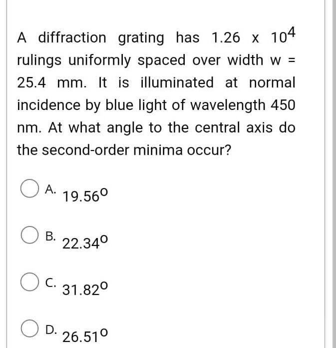 Solved A diffraction grating has 1.26×104 rulings uniformly | Chegg.com