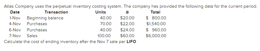 Atlas Company uses the perpetual inventory costing | Chegg.com