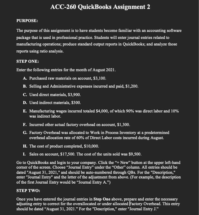 Solved ACC-260 QuickBooks Assignment 2 PURPOSE: The purpose | Chegg.com