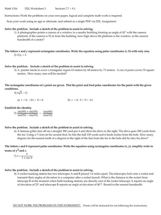 Solved Math 1316 D2L Worksheet 3 Sections 77-91 | Chegg.com