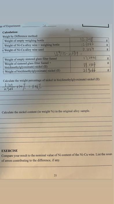 Solved : Calculation: Weigh by Difference method: Weight of | Chegg.com