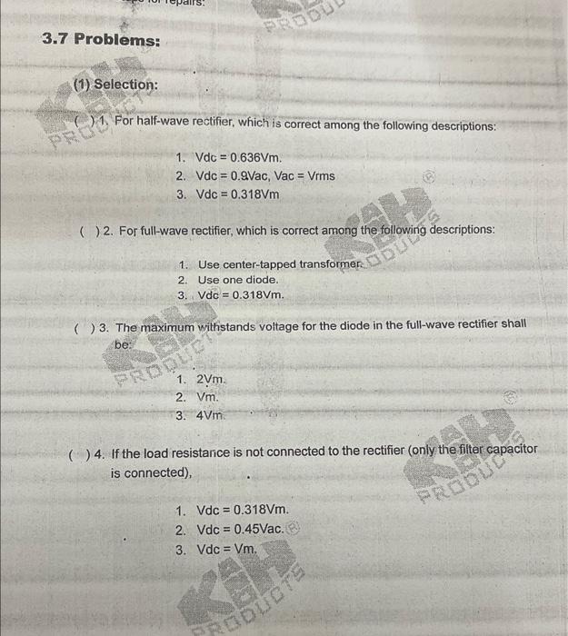 Solved (.) 1. For half-wave rectifier, which is correct | Chegg.com