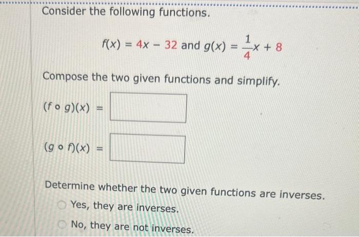 Solved Consider the following functions. f(x)=4x−32 and | Chegg.com