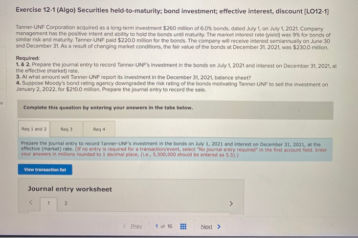 Solved Exercise 12-1 (Algo) Securities held-to-maturity; | Chegg.com