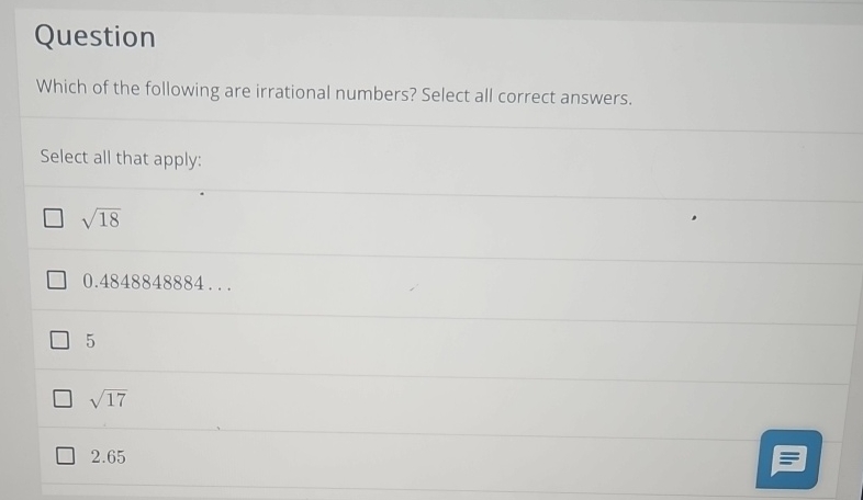 Solved QuestionWhich of the following are irrational | Chegg.com