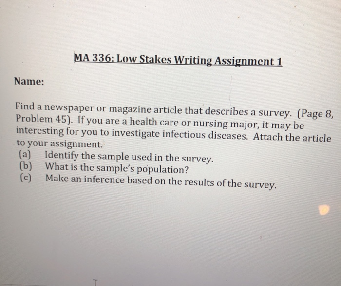 MA 336: Low Stakes Writing Assignment 1 Name: Find a | Chegg.com