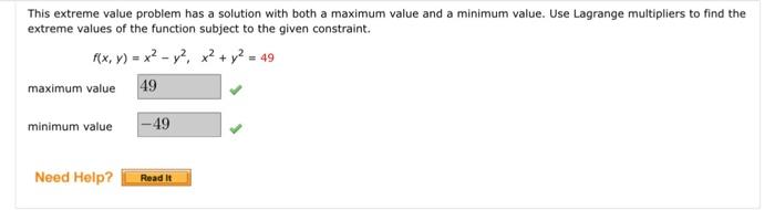 Solved This extreme value problem has a solution with both a | Chegg.com
