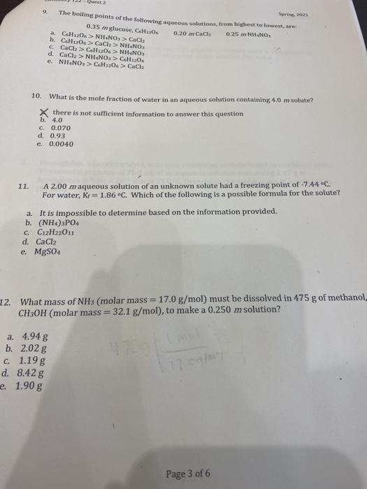 Solved Quest 2 The boiling points of the following aqueous | Chegg.com