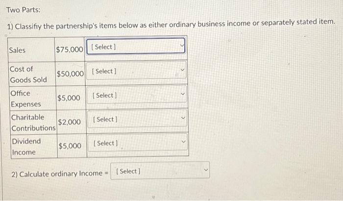 Solved Two Parts: 1) Classifiy the partnership's items below | Chegg.com