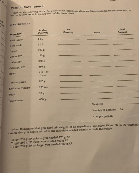 Solved Portion Cost-Metric Cost out the following recipe. | Chegg.com