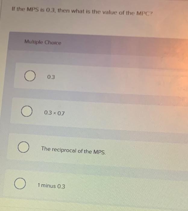 Solved If the MPS is 0.3, then what is the value of the MPC? | Chegg.com
