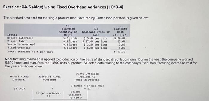 Solved Exercise 10A-5 (Algo) Using Fixed Overhead Variances | Chegg.com