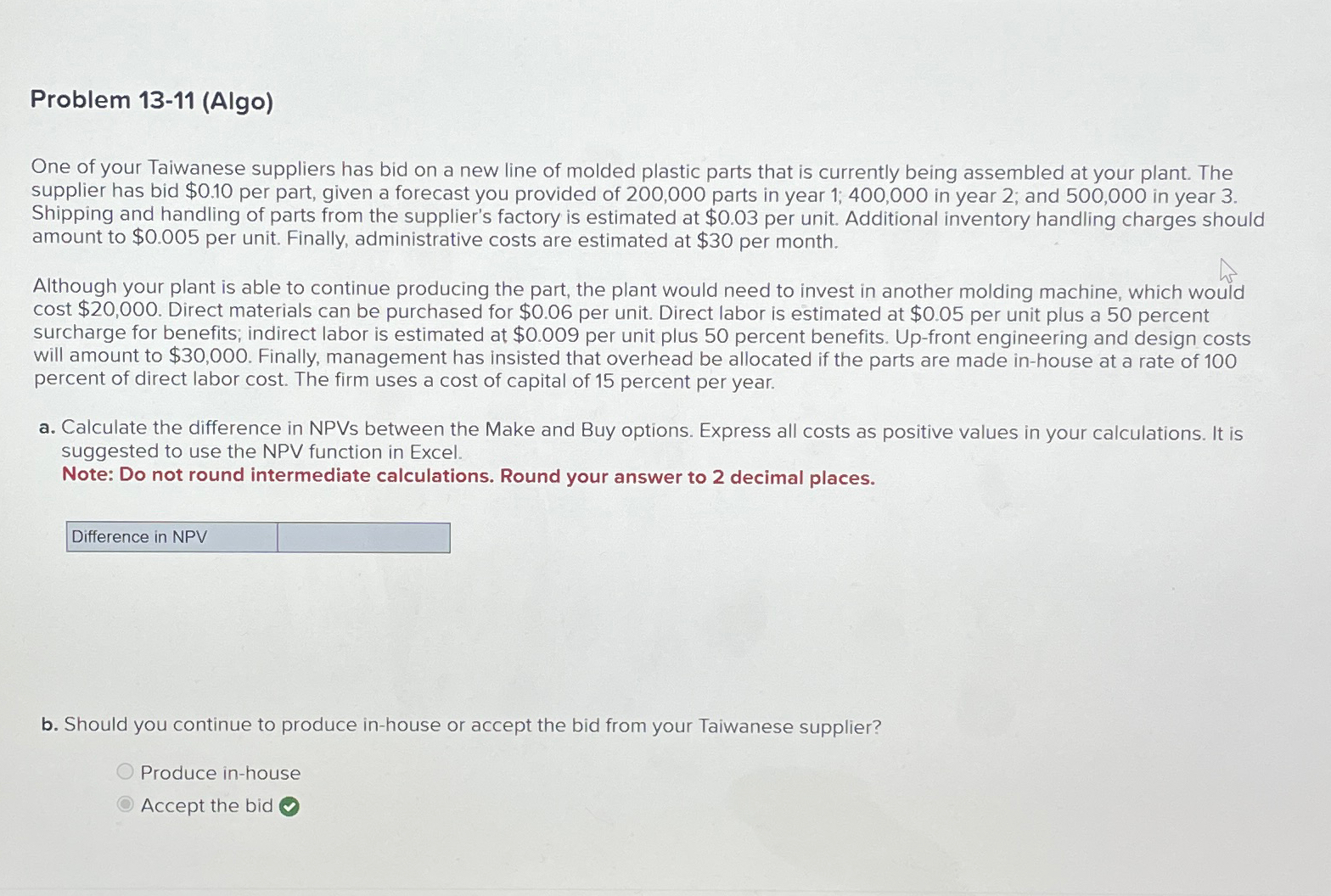 Solved Problem 13-11 (Algo)One of your Taiwanese suppliers | Chegg.com