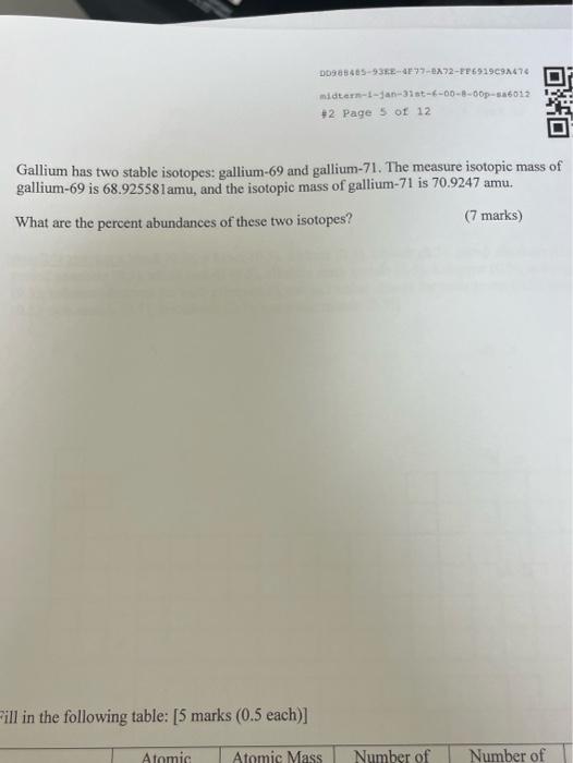 Solved Gallium has two stable isotopes: gallium-69 and | Chegg.com