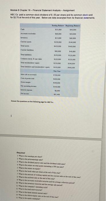 Solved Module 8 Chapter 16 - Financiar Statement Analyis - | Chegg.com