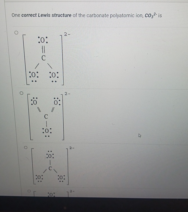 Solved One correct Lewis structure of the carbonate | Chegg.com