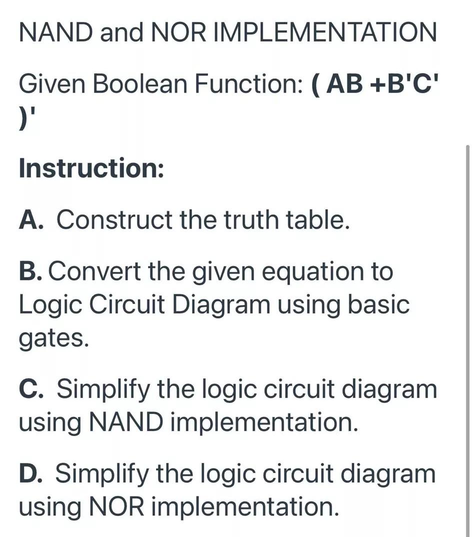 Solved NAND and NOR IMPLEMENTATION Given Boolean Function: ( | Chegg.com