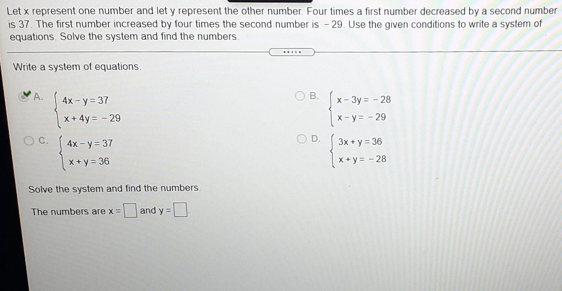 Solved Let x represent one number and let y represent the | Chegg.com
