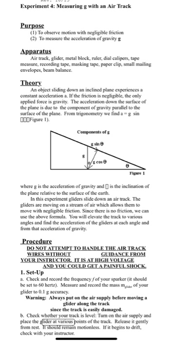 Experiment 4: Measuring g with an Air Track Purpose ) | Chegg.com