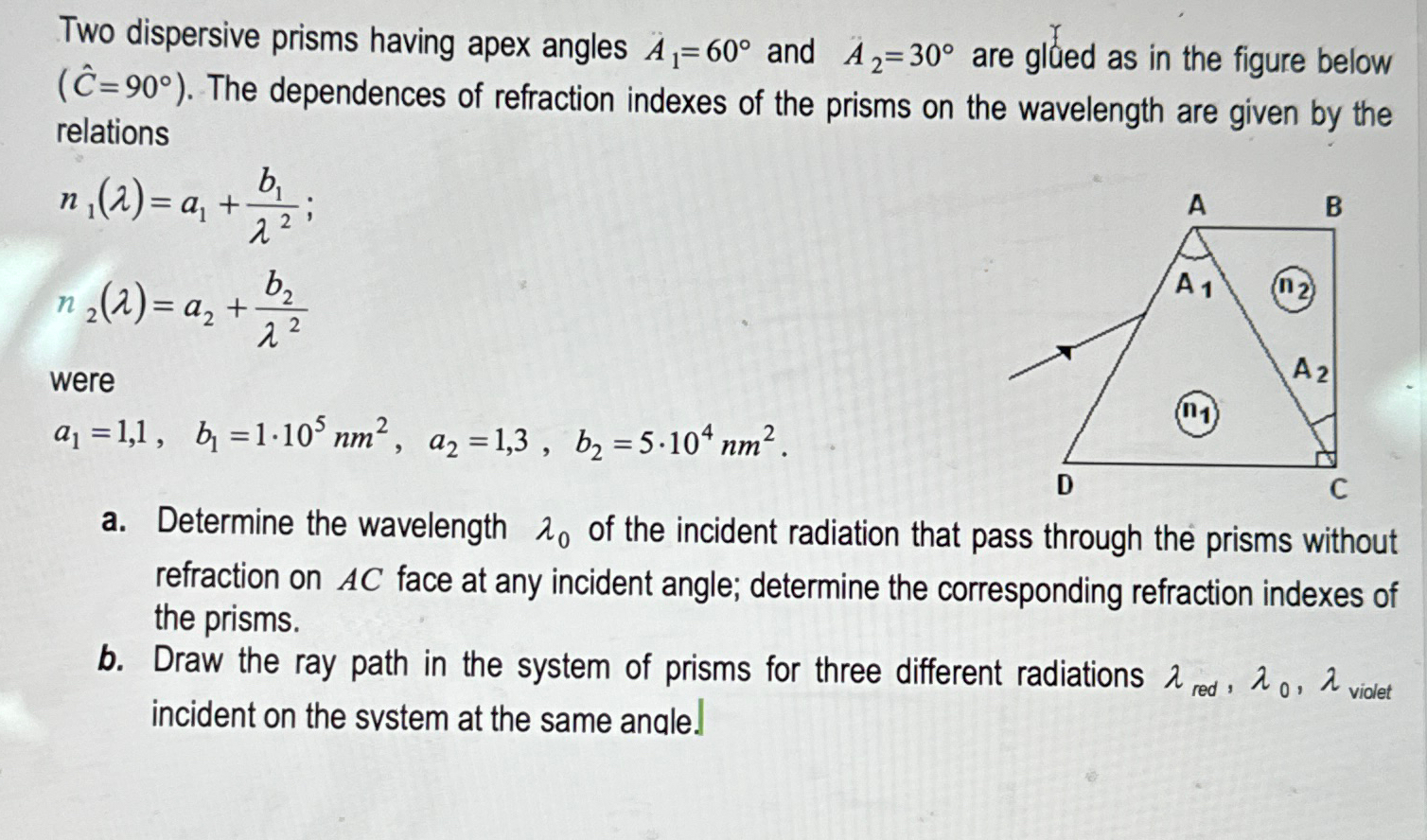 Solved Two dispersive prisms having apex angles A1=60° ﻿and | Chegg.com