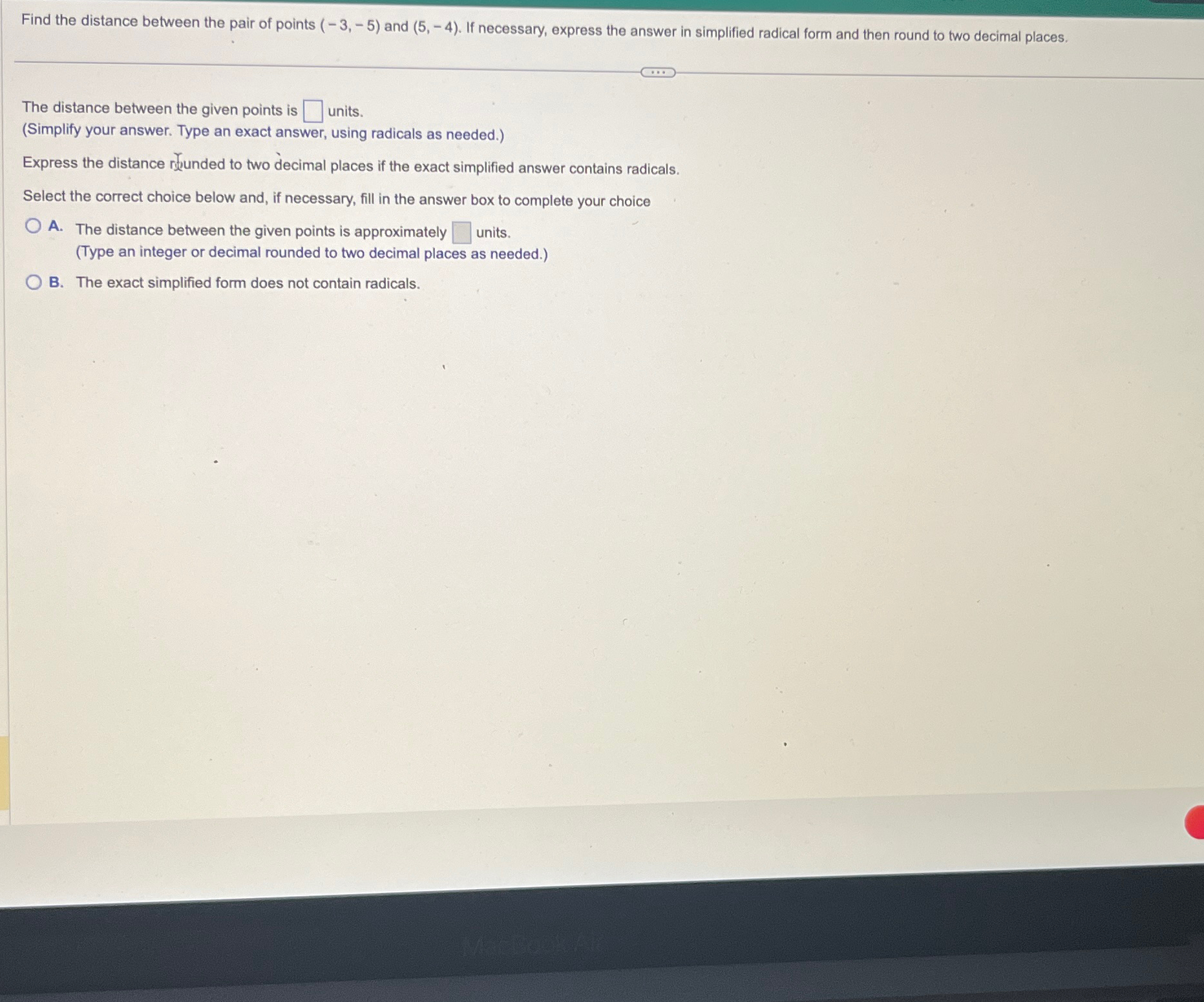 Solved Find the distance between the pair of points (-3,-5) | Chegg.com