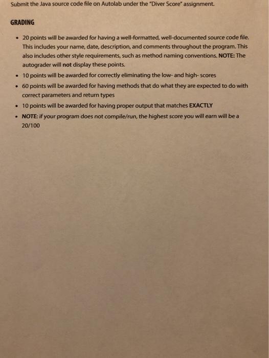 Solved CSCI 161: DIVER SCORE OVERVIEW Write a program to | Chegg.com