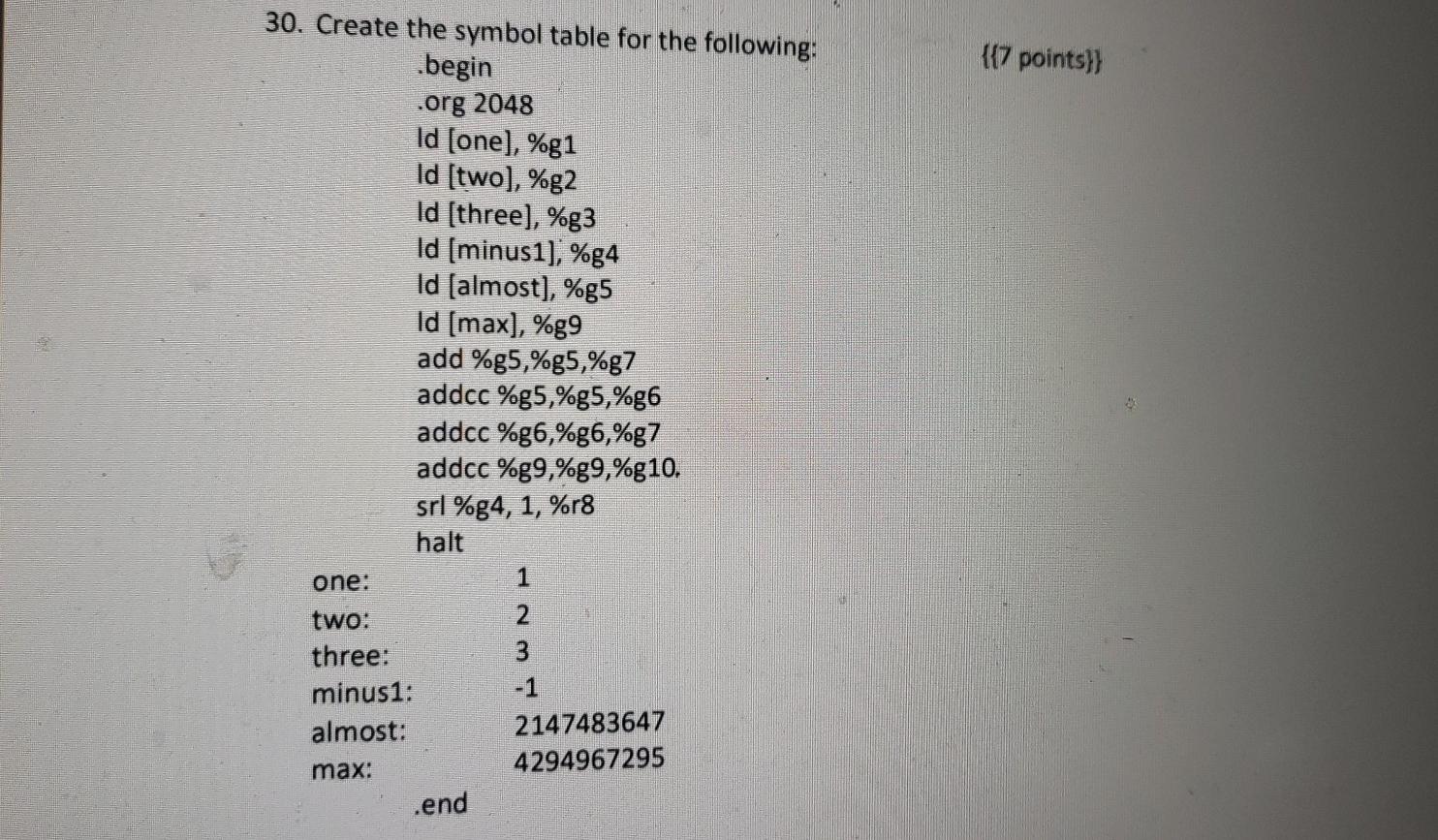 Solved {{7 points}} 30. Create the symbol table for the | Chegg.com